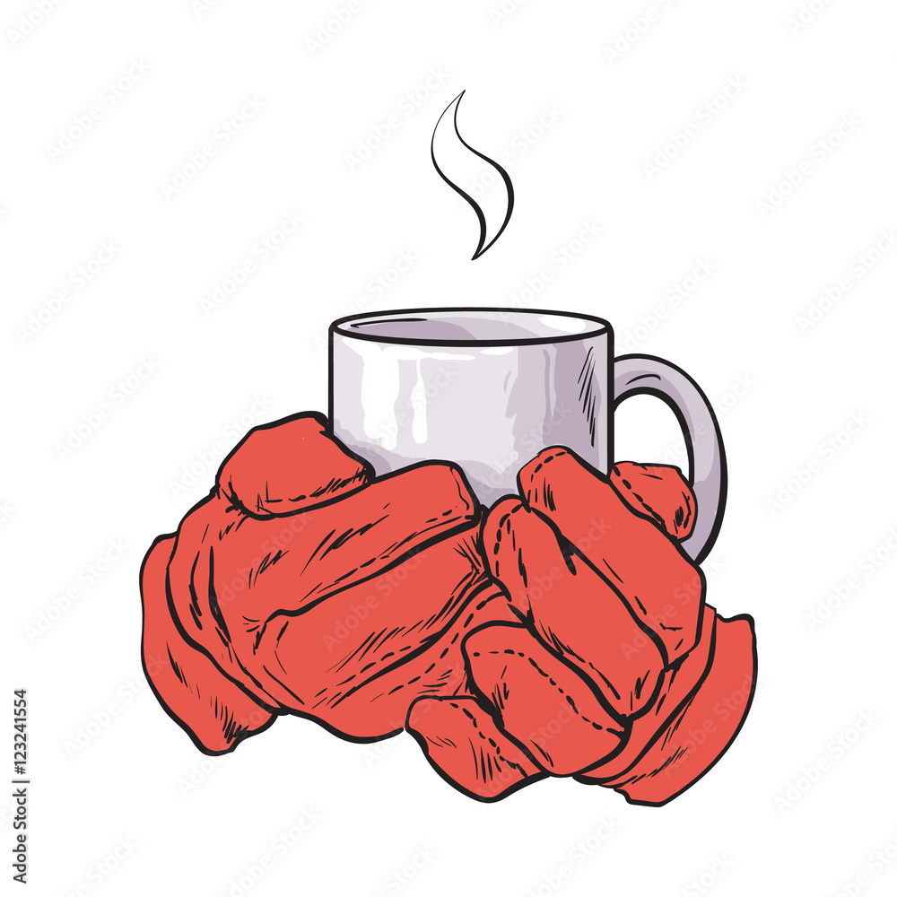 well groomed female hand holding a cup with tea or coffee, sketch style ...