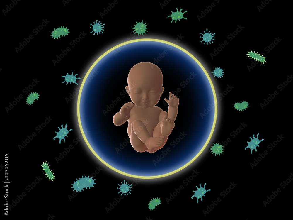 baby with immune protection system symbol and bacteria outside symbol ...
