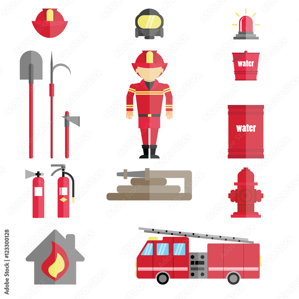 Firefighter infographic set. Isolated emergency items on white ...