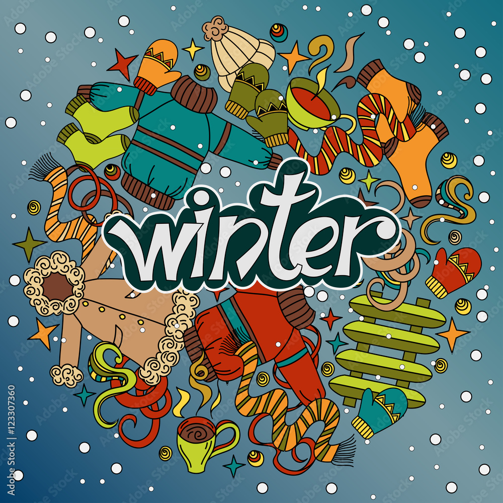 Cartoon cute doodles hand drawn Winter illustration. Picture with ...