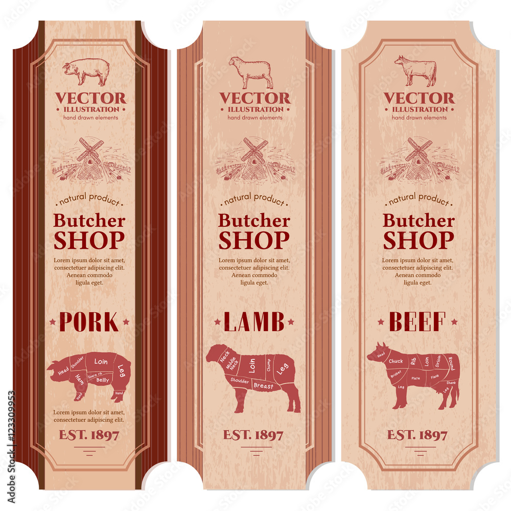 Butcher shop packaging design label fresh beef, pork, lamb Stock Vector ...