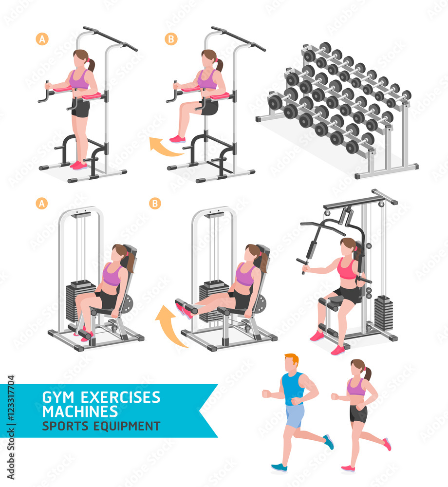Gym exercises machines sports equipment. Vector Illustration. Stock ...