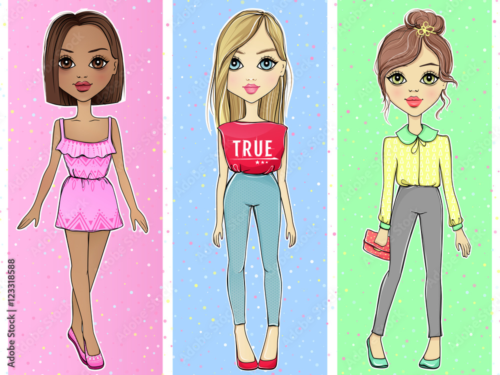 Vector girl. Collection with cartoon people. Sketch trend models. Hand ...