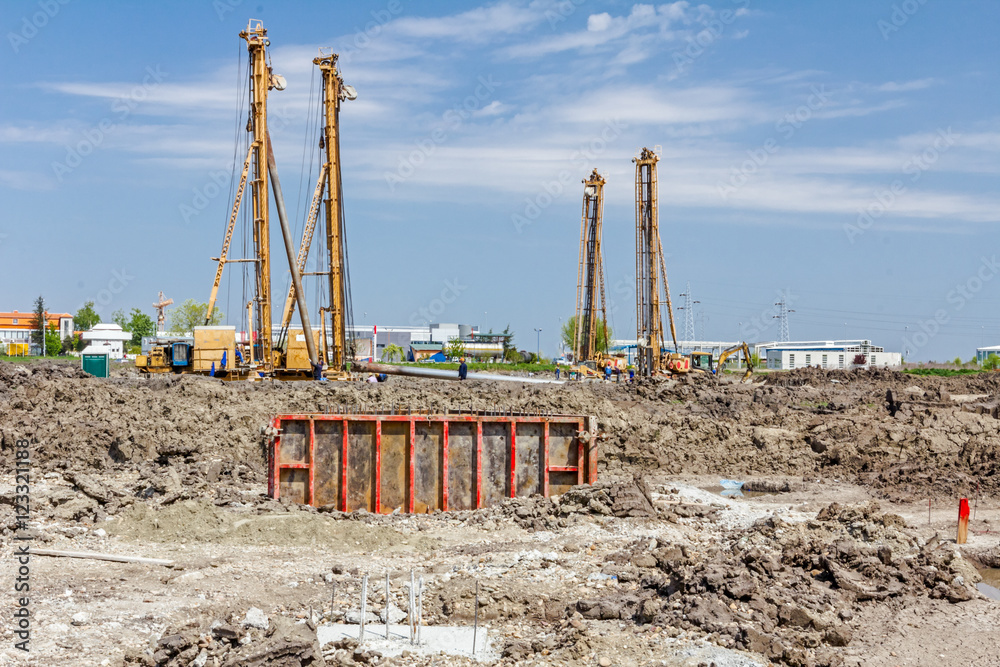 Construction site with big equipment for making concrete base, d Stock ...