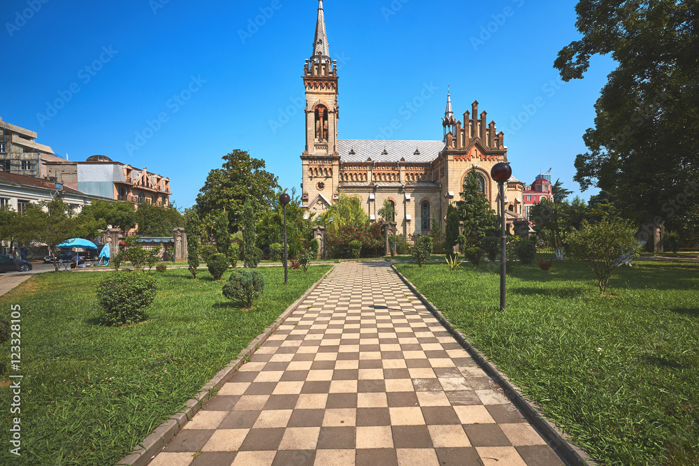 Tile road to the Batumi Cathedral of the Mother of God. Orthodox church ...