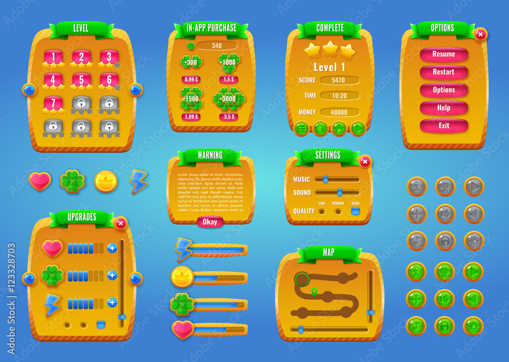Graphical user Interface GUI for mobile game or app. Design, buttons ...