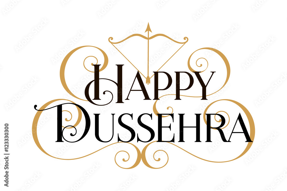Happy Dussehra. Handwritten modern brush black text, gold swirl, white ...
