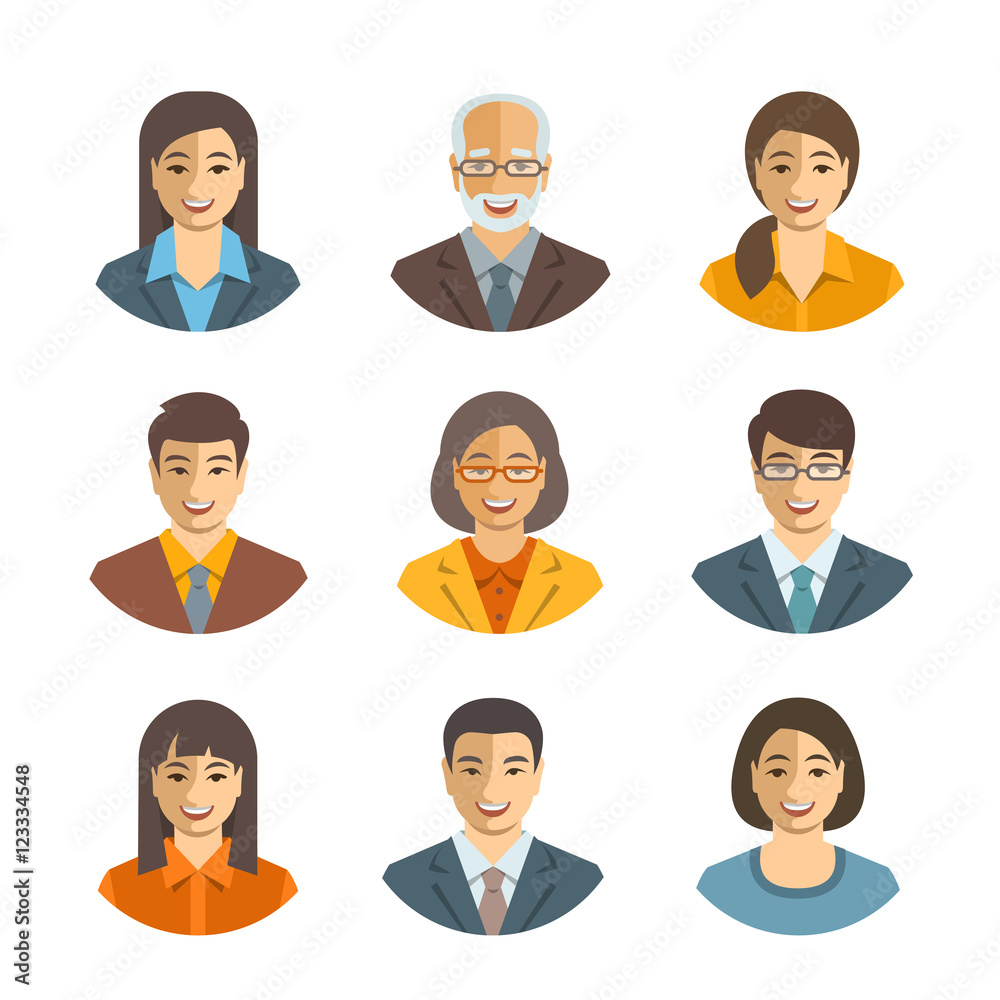 Asian business people flat vector avatars. Business team icons. Men and ...