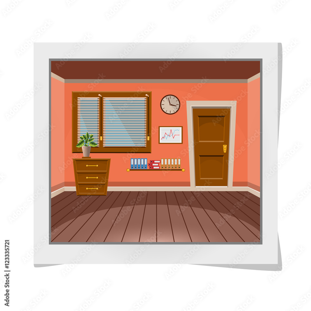 Cartoon photo frame with interior office room in peach blossom style ...