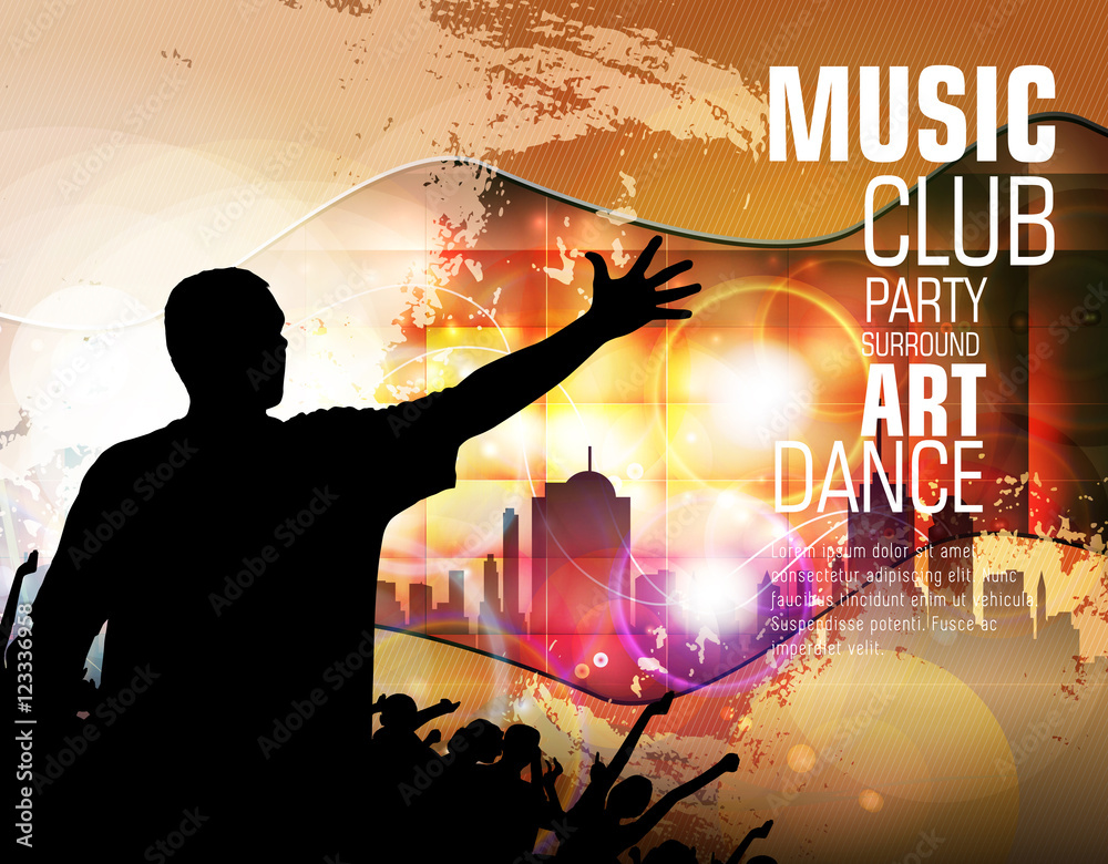 Concert crowd in front of stage. Party poster, vector illustration ...