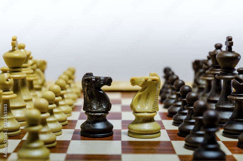 knight facing each other on a chess board with black and white pieces ...
