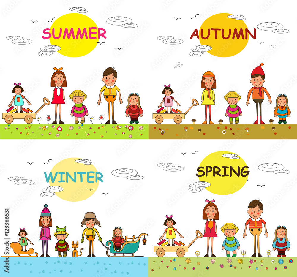 Four seasons - spring, summer, autumn, winter- happy kids isolated on ...