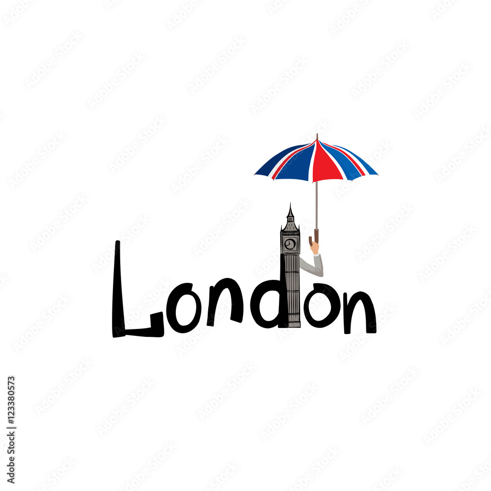 London sign hand lettering. British jack flag colored umbrella and Big ...