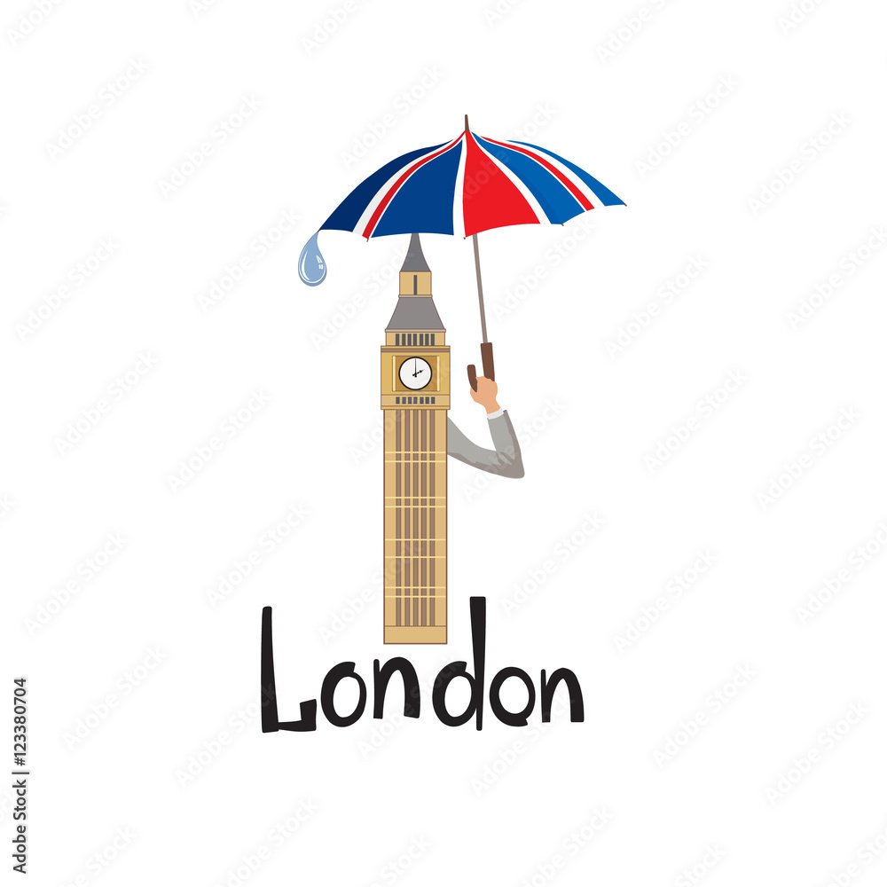 London sign hand lettering. British jack flag colored umbrella and Big ...
