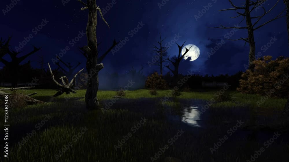 Sinister fairytale scenery with fantastic big moon above creepy swamp ...