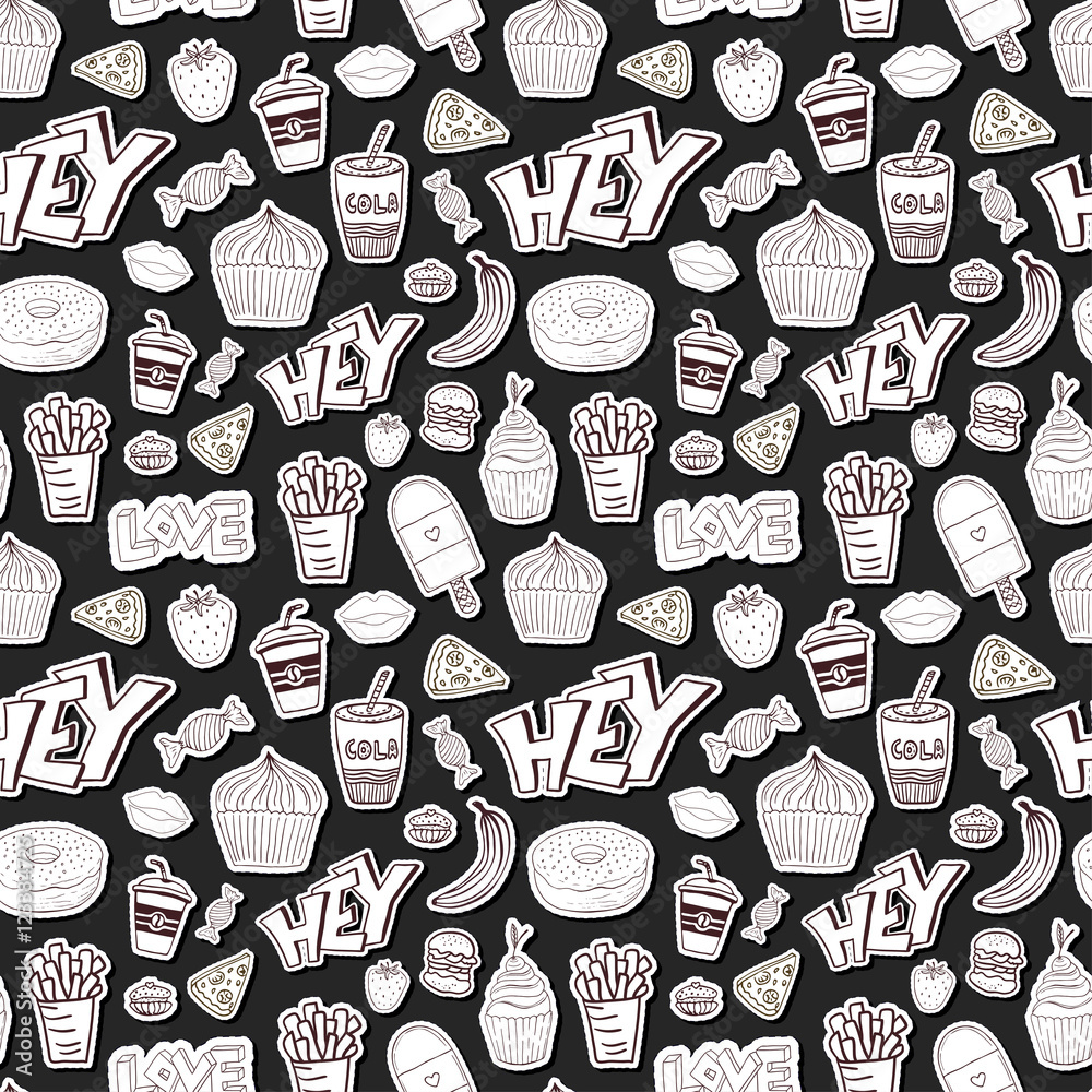 Seamless cartoon pattern with food. Cartoon background in trendy style ...