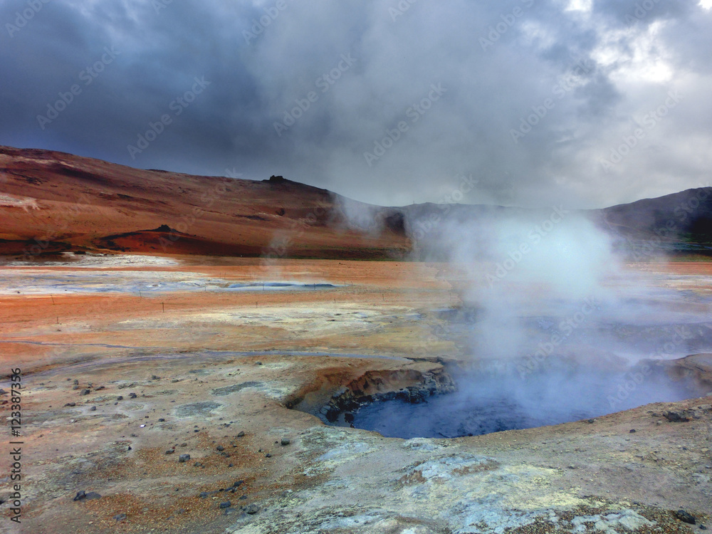 Geothermal hot springs natural area with steaming sulfur pools and ...