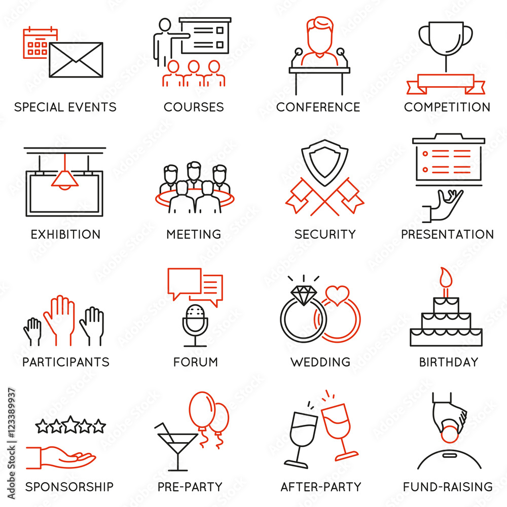Vector set of 16 thin icons related to event management, event service ...