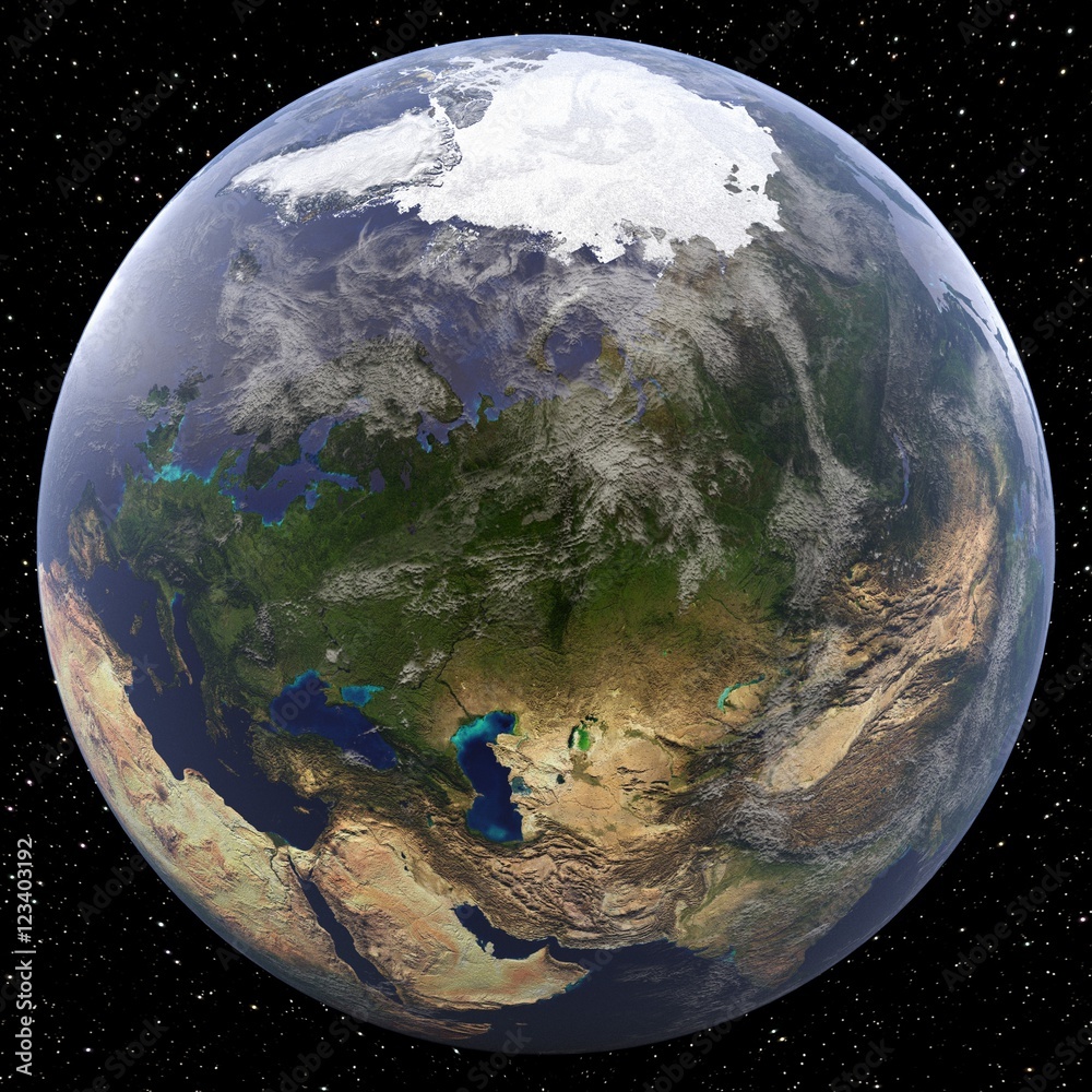 Earth focused on Eurasia viewed from space. Countries viewed include ...