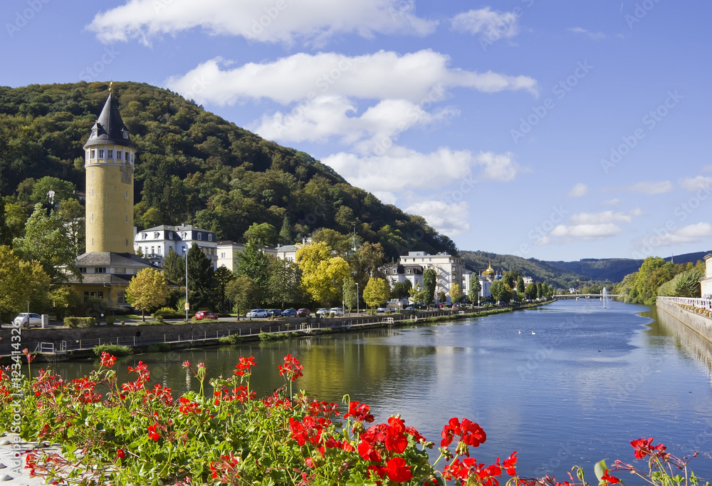 water tower at the riverside in bad ems, spa town at the lahn river in ...
