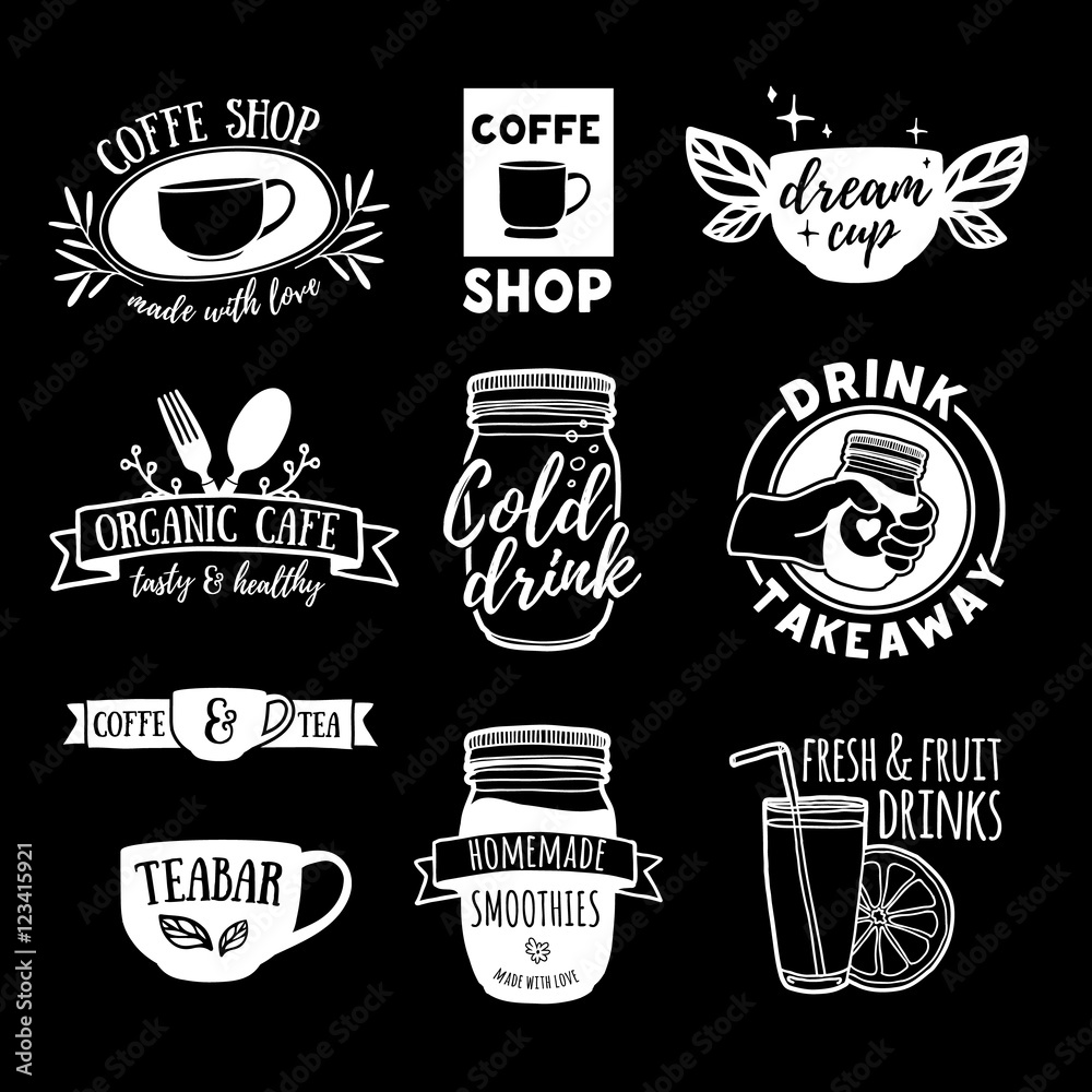Set retro vintage logos for coffee shop, tea bar. Logos with juice ...