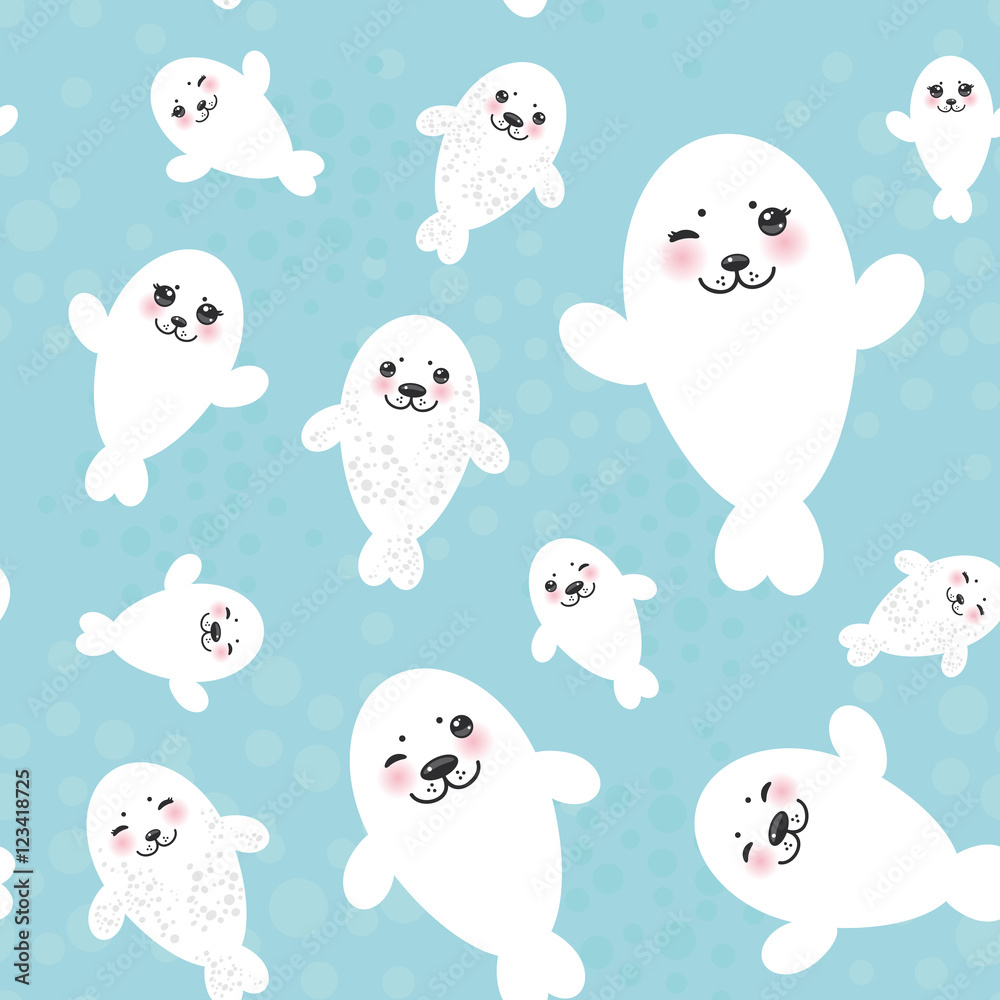 Seamless pattern Funny white fur seal pups, cute winking seals with ...