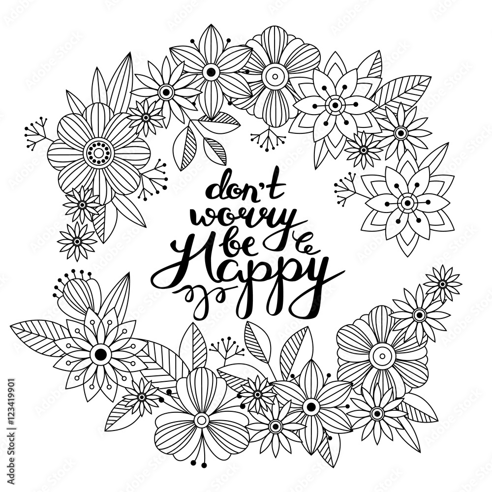 Flower round frame card design with hand lettering - handmade ...