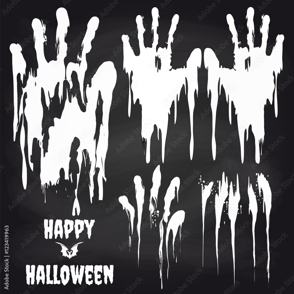 White handprints on chalkboard set. Horror halloween objects vector ...