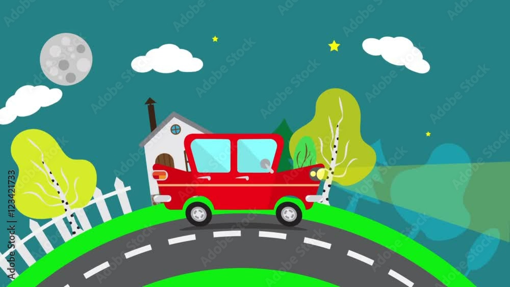 Cartoon car driving on a suburban road at night. Red car rides in the ...