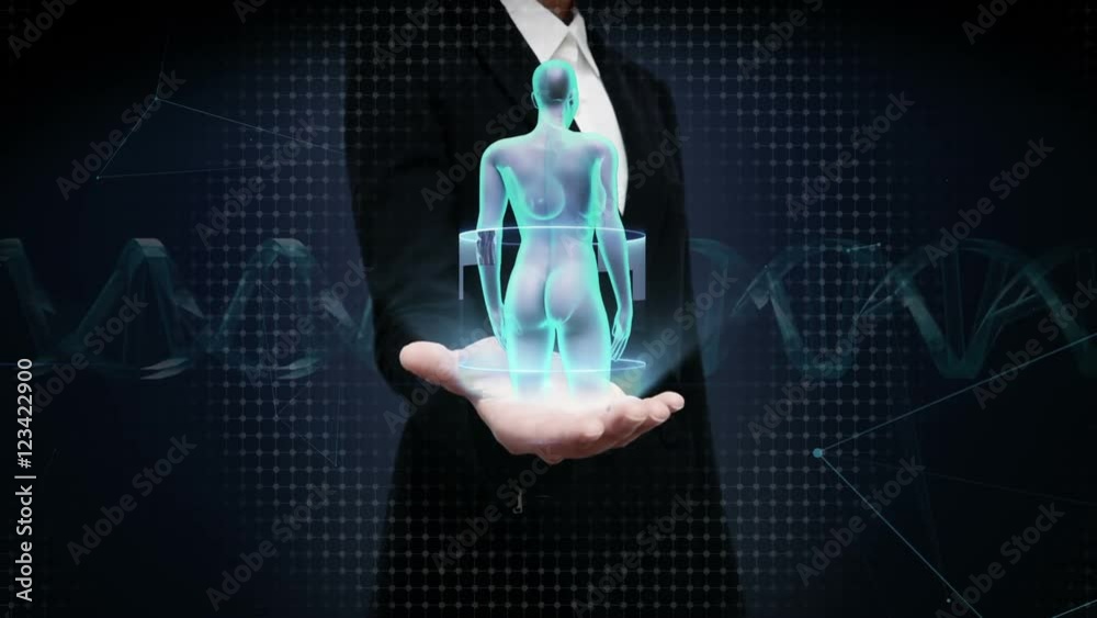 Businesswoman open palm, Zooming female body scanning womb, blue X-ray ...
