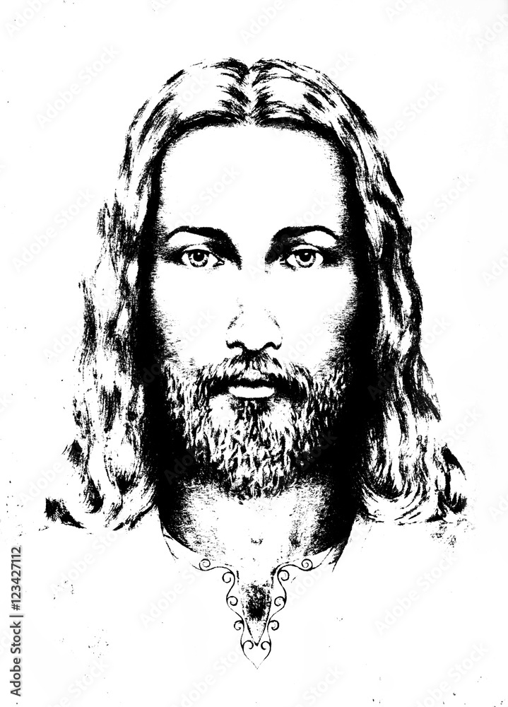 graphic drawing of Jesus, with ornament on clothing. Eye contact ...