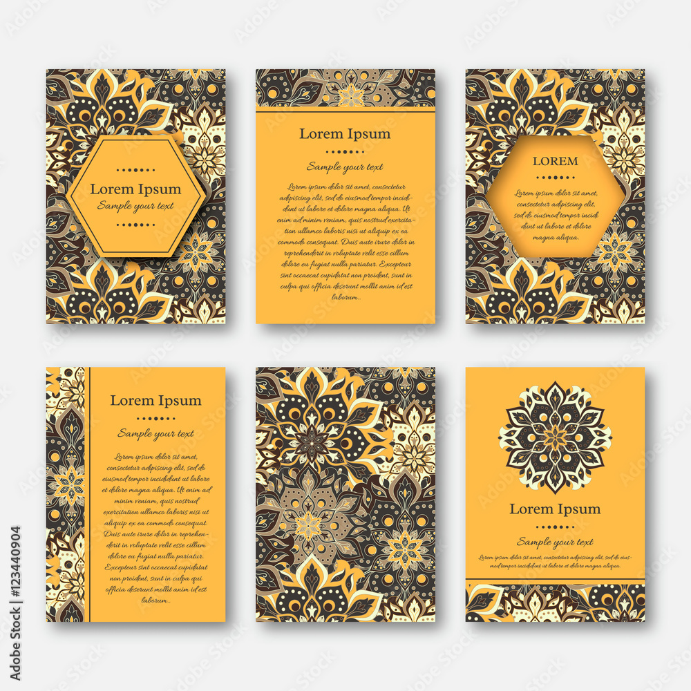 Set of cards, flyers, brochures, templates with hand drawn mandala ...