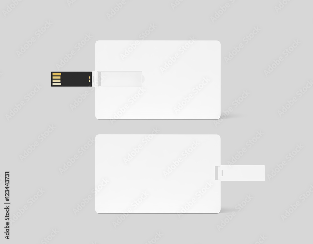 Blank white plastic wafer usb card design mockup, front, back side view ...