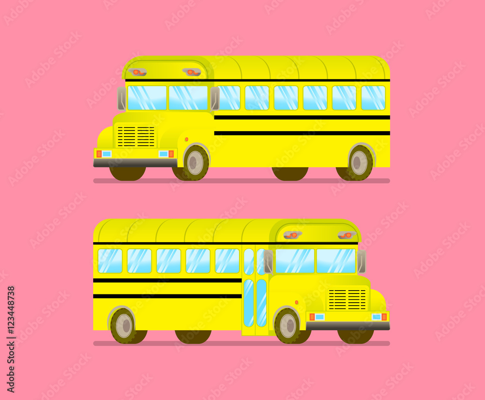 the flat style a school bus to right and left sides on pink back Stock ...