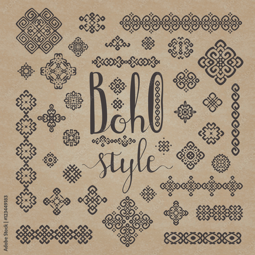 Borders and decoration ethnic signs with Boho style hand drawn ...