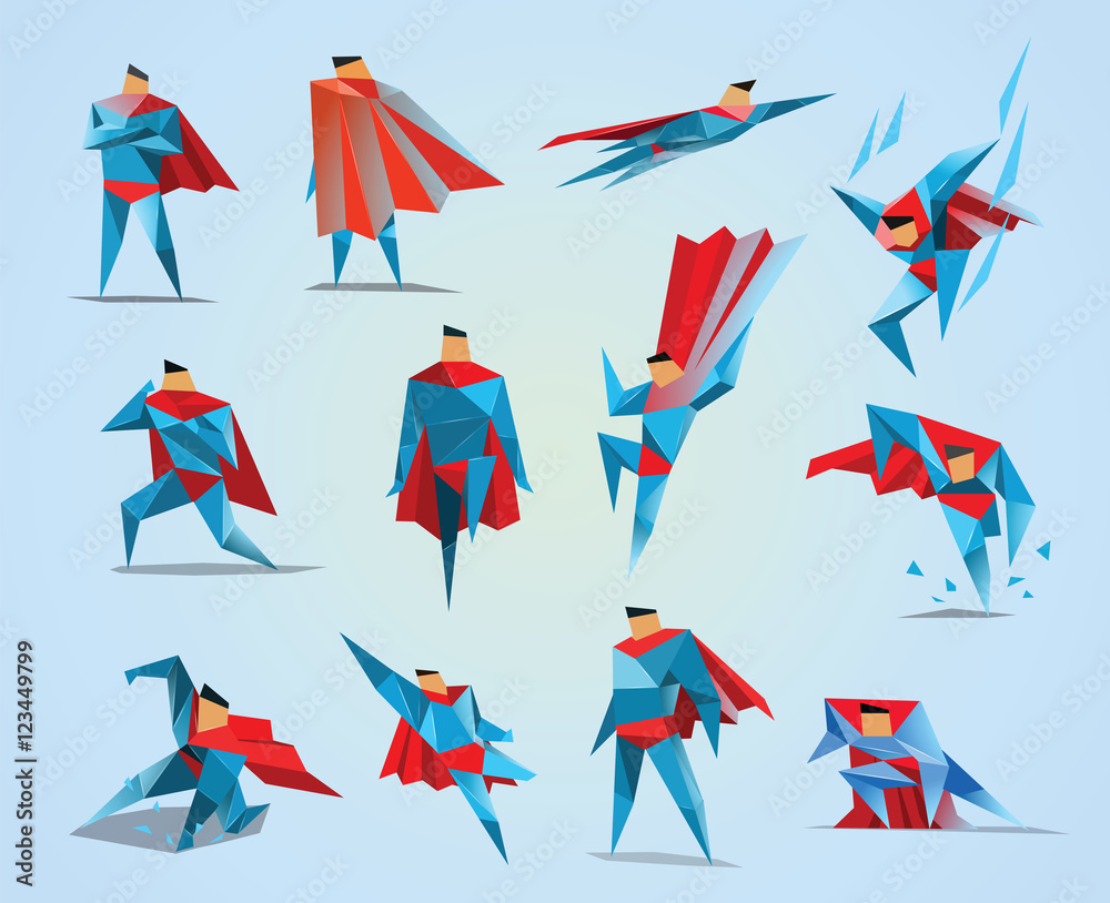 Superhero actions icon set in low poly style, different poses, vector ...