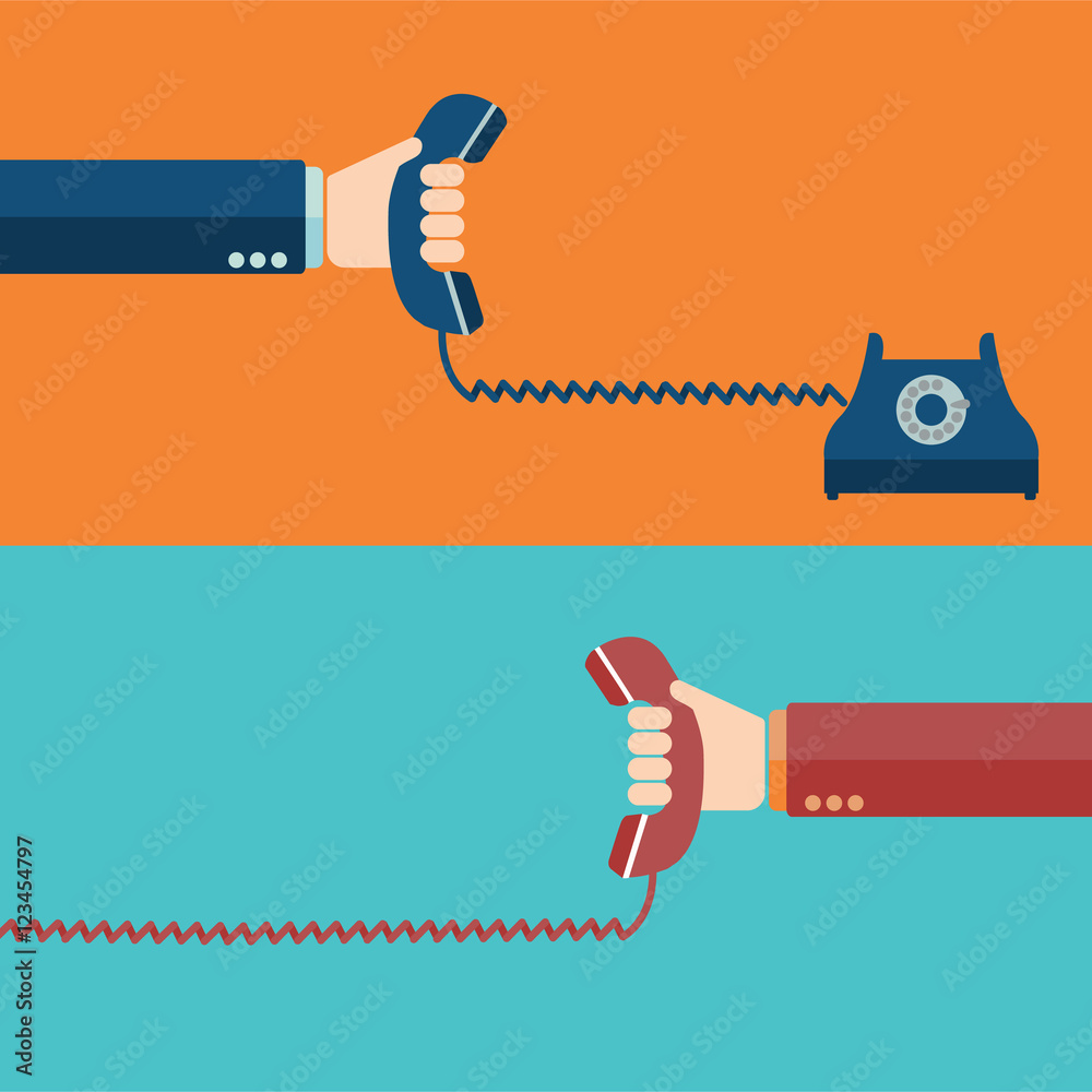 Hand holding telephone, urgent call - communication design template ...
