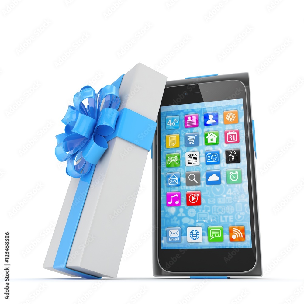 Smartphone in gift box. Isolated on white background. 3d rendering ...