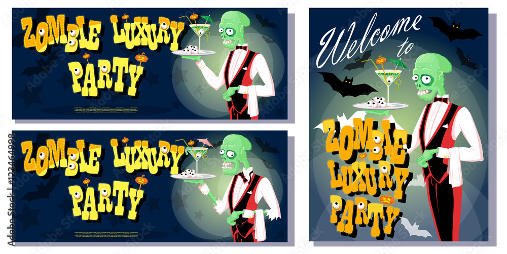 Set of banners for halloween holiday party with cute elegant zombie ...