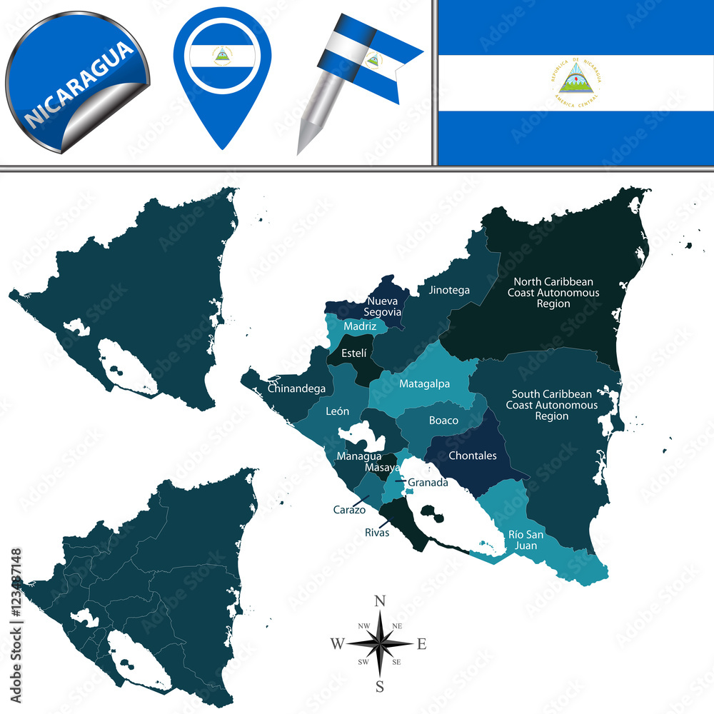 Map of Nicaragua with Named Departments Stock Vector | Adobe Stock