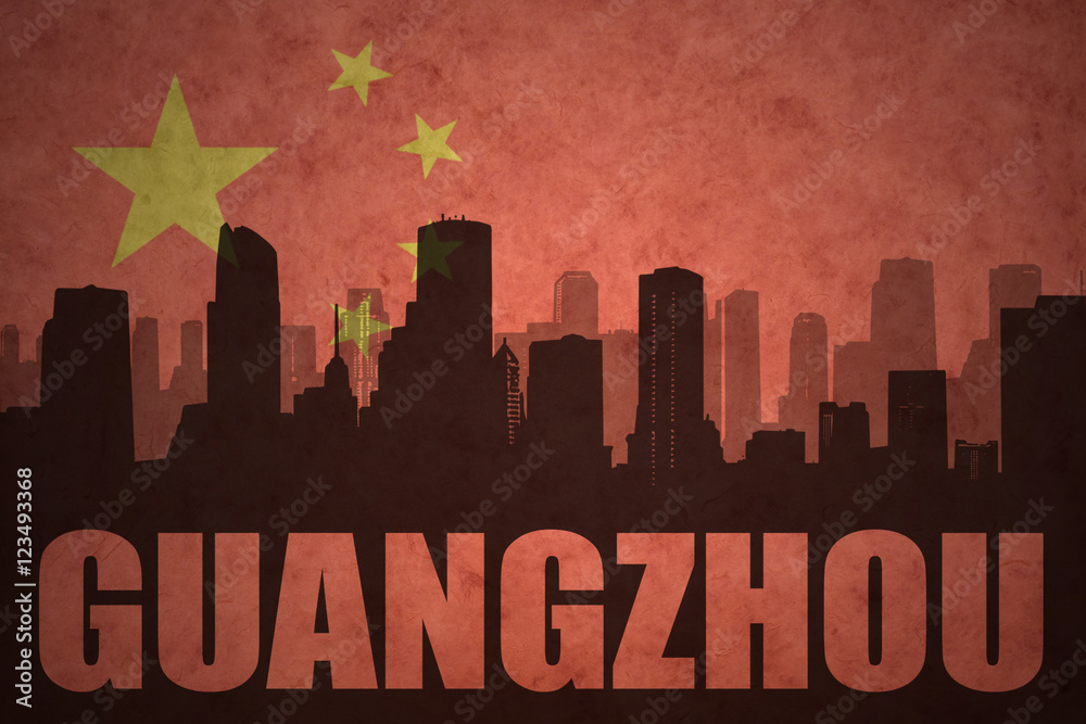 abstract silhouette of the city with text Guangzhou at the vintage ...