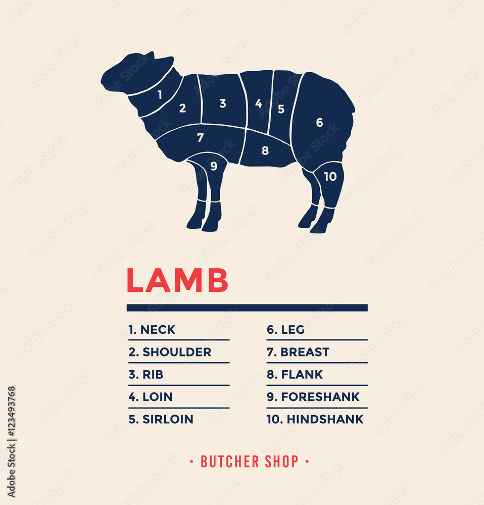 Lamb with specified type of meat. Meat market. Poster Butcher diagram ...