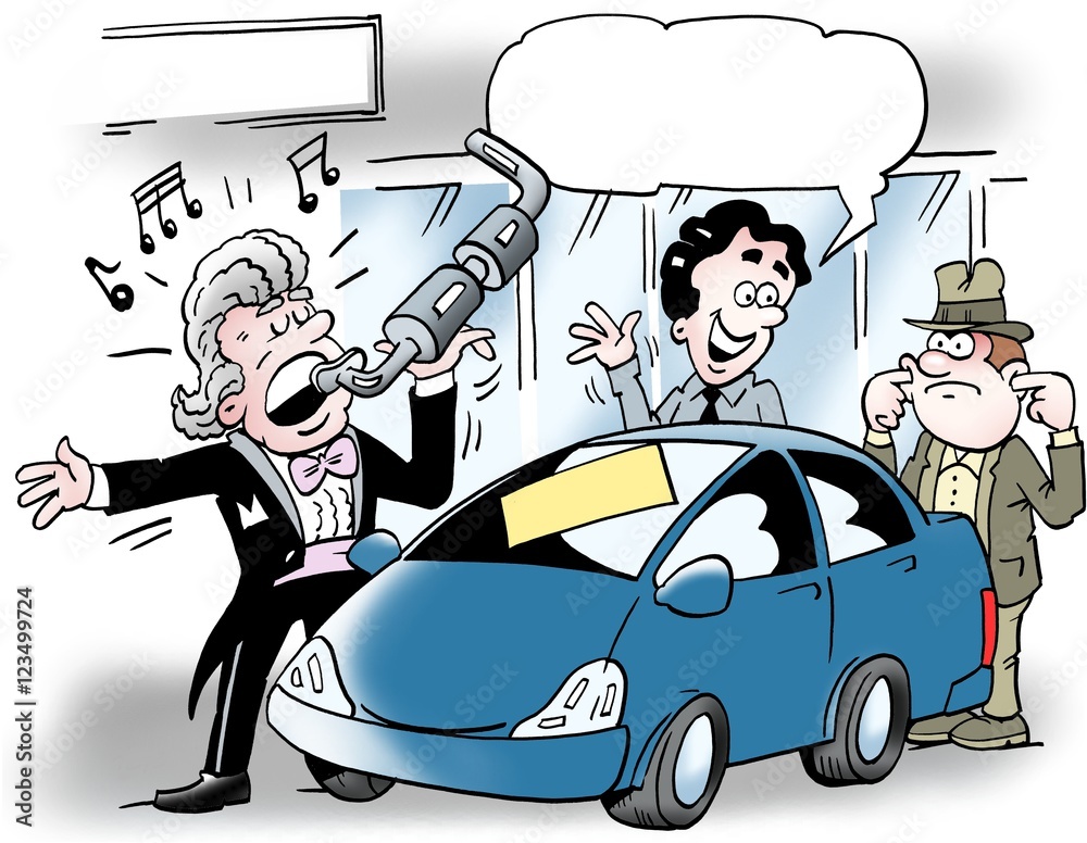 Cartoon illustration of a car salesman who sings into an auto exhaust ...