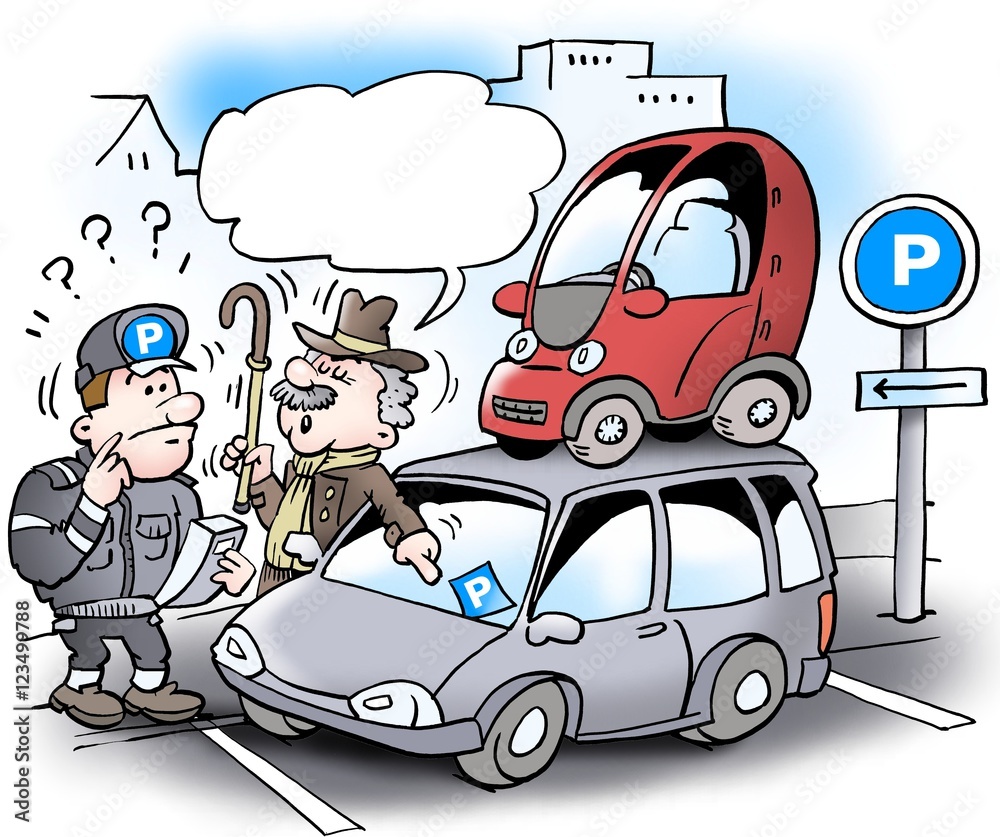 Cartoon illustration of a older stingy man who has parked her small car ...