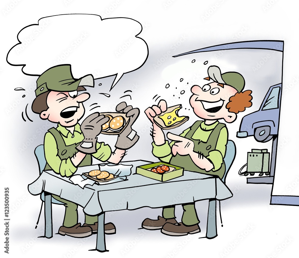 Cartoon illustration of two mechanics who eat lunch, one of them using ...