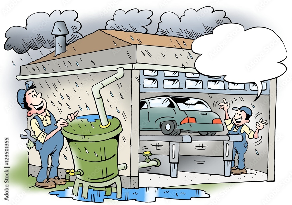 Cartoon illustration of a workshop that recycles water from the roof ...