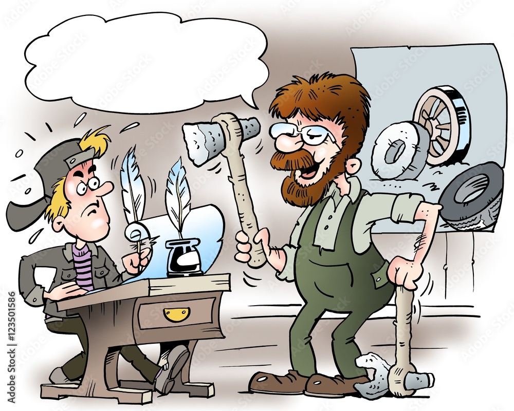 Cartoon illustration of a young mechanic in the old school, who learn ...