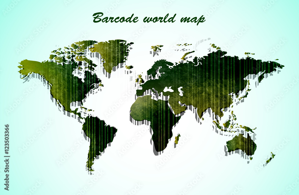 World map and bar code on color background. Text BARCODE WORLD MAP ...
