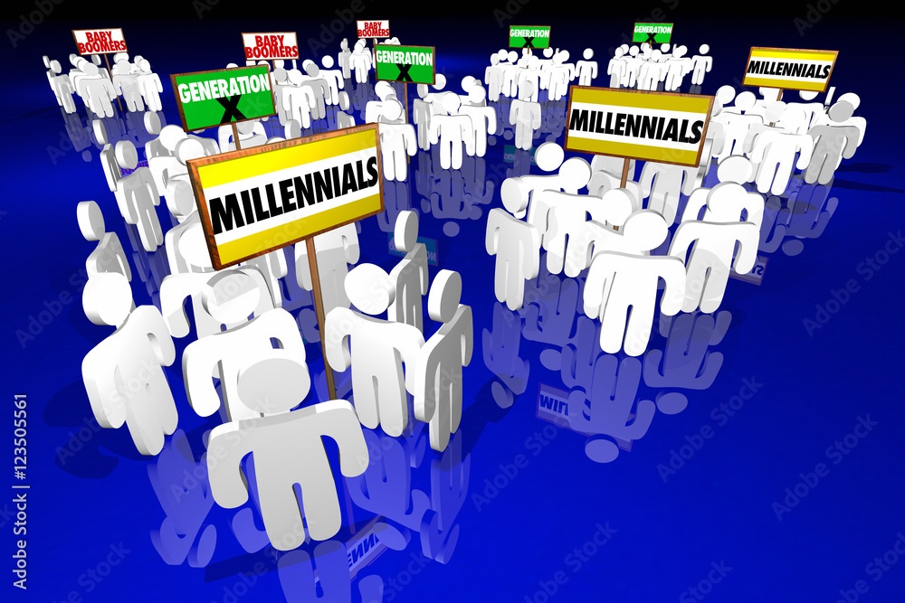 Millennials Generation X Baby Boomers People Signs 3d Illustrati Stock ...
