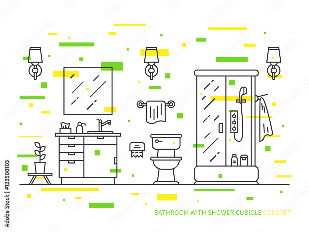 Bathroom with sink, bowl, shower vector line art illustration. Line ...